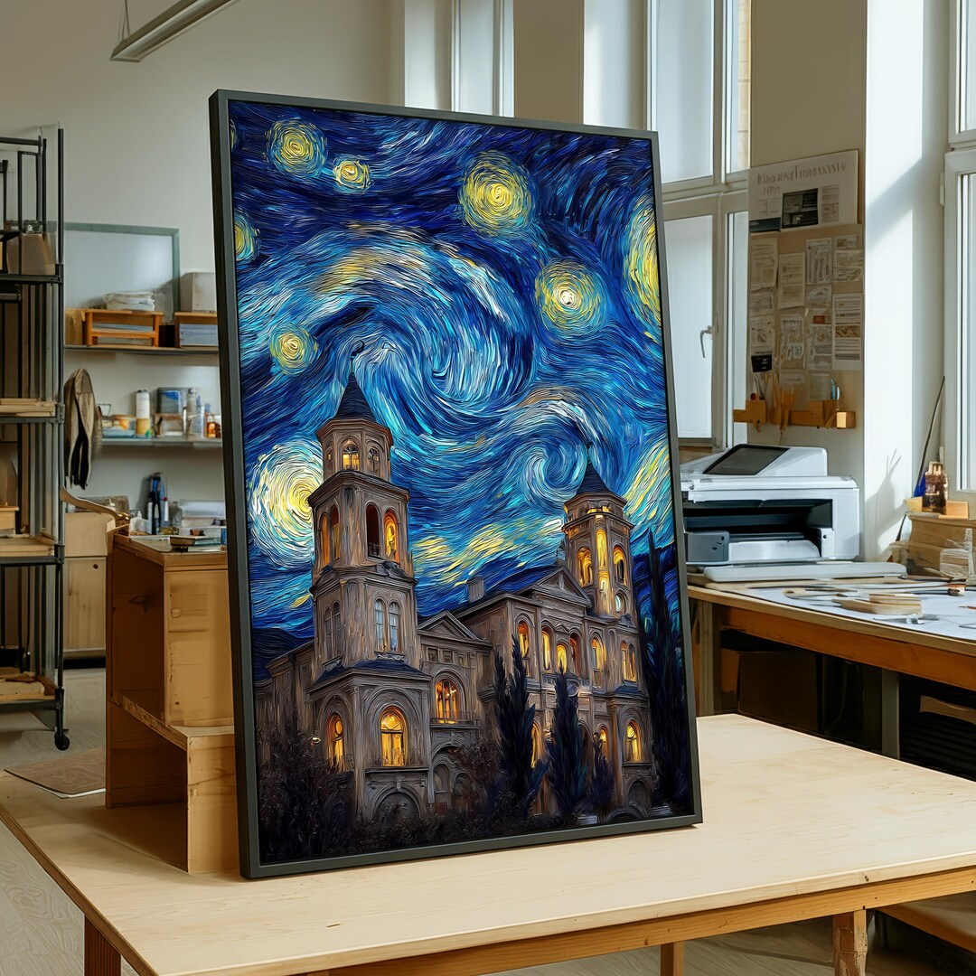 Van Gogh Style Castle Night Scene Canvas Painting, Swirling Starry Sky ...
