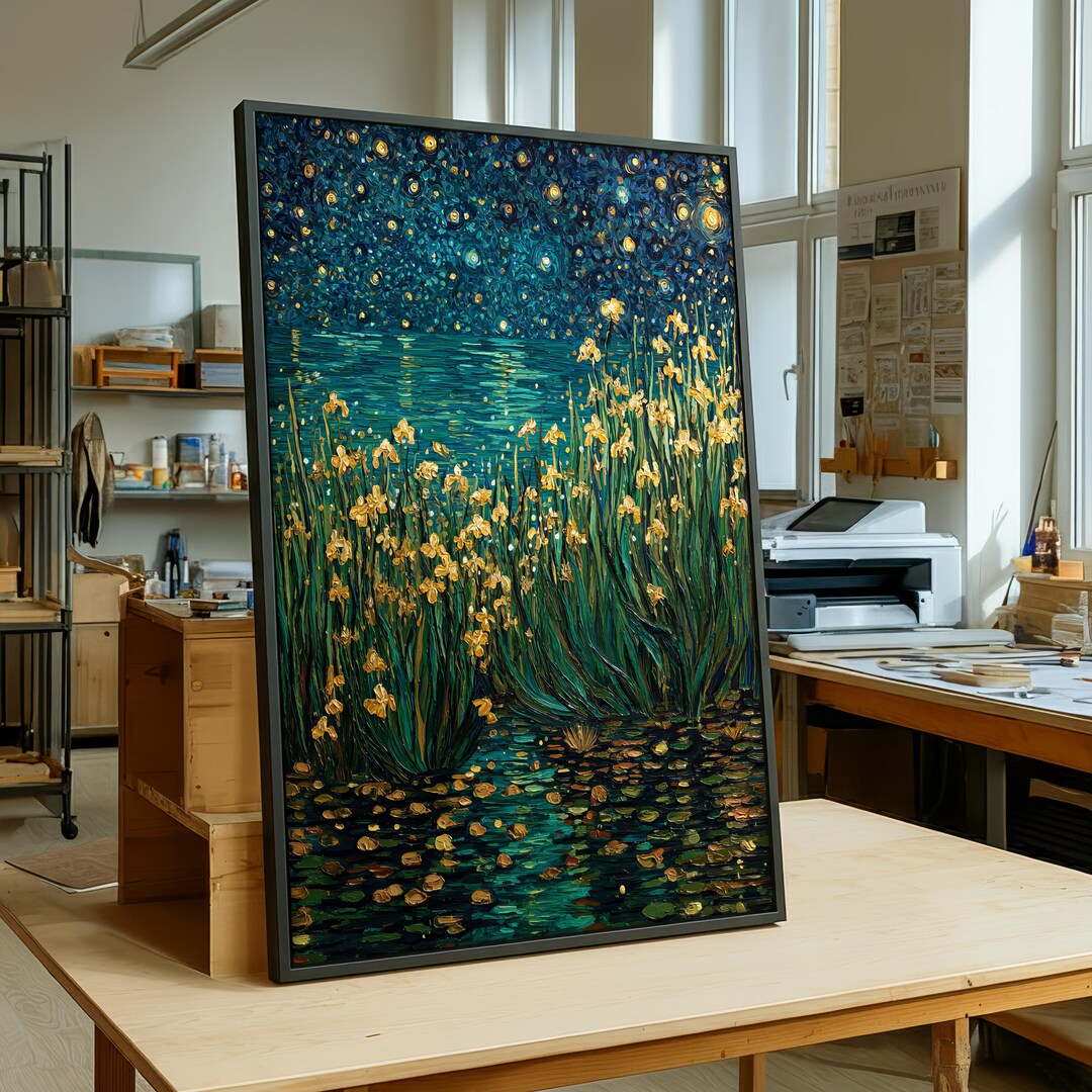 Van Gogh Style Canvas Painting With Yellow Irises, Starry Night Sky ...