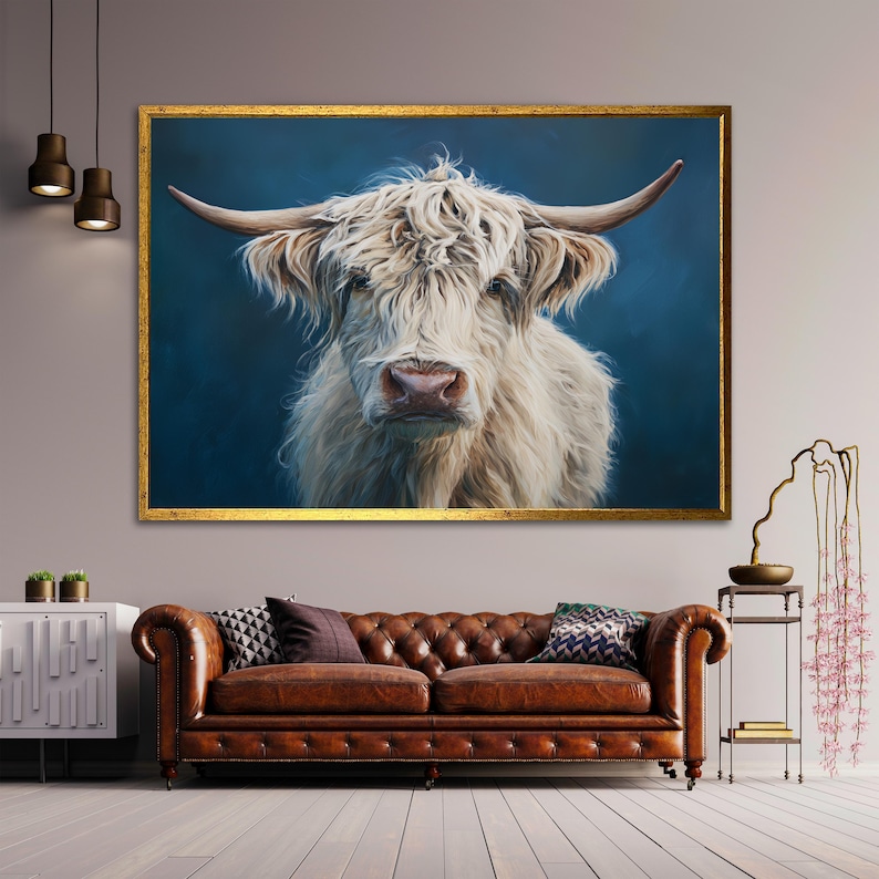 Highland Cow Canvas Wall Art, Rustic Farmhouse Animal Portrait Print ...