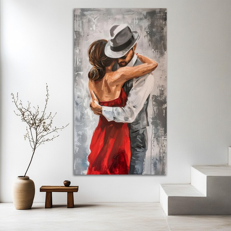 Romantic Couple Canvas Painting, Red Dress Lovers Wall Art, Intimate ...