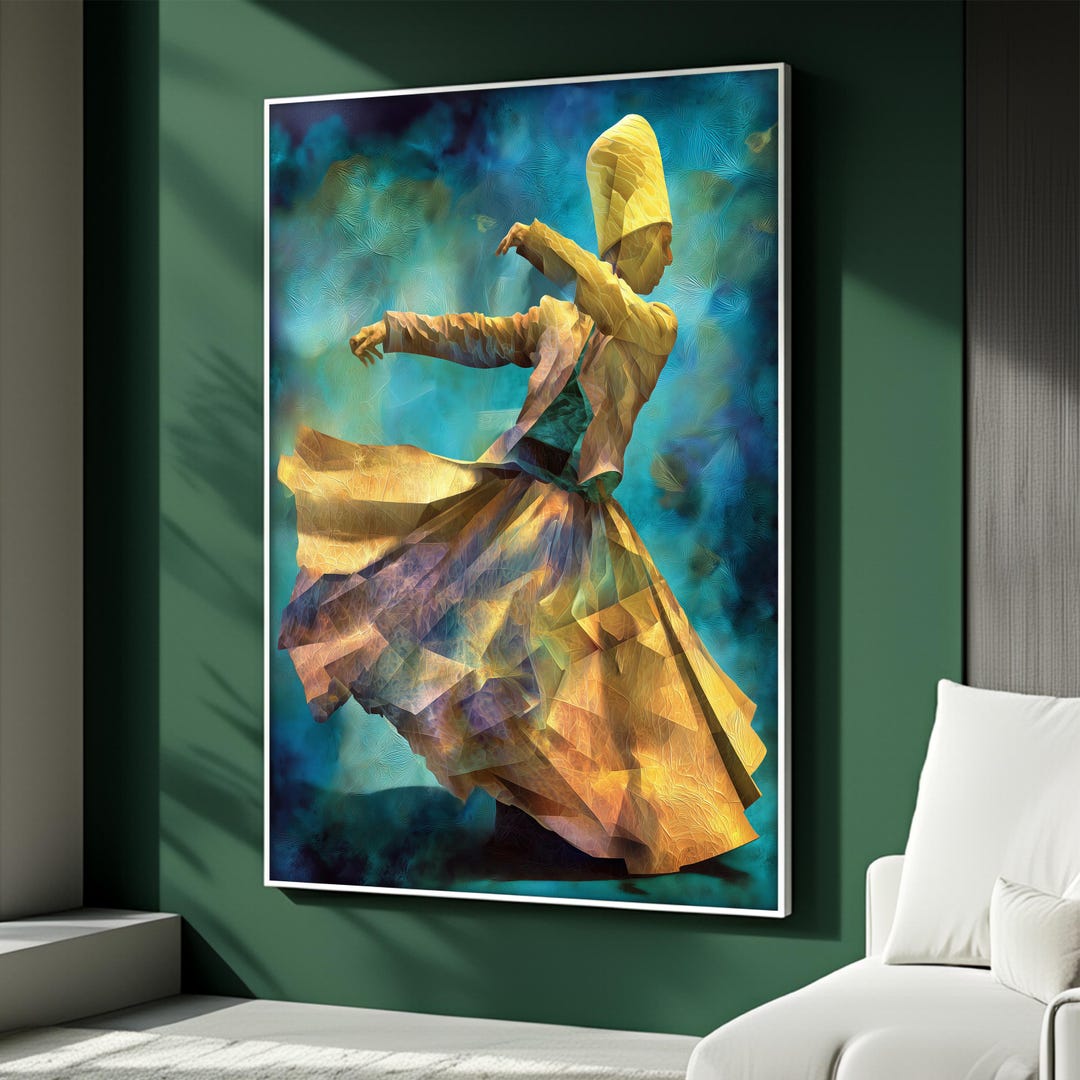 Golden Sufi Whirling Dervish Canvas Painting, Abstract Spiritual Art in ...