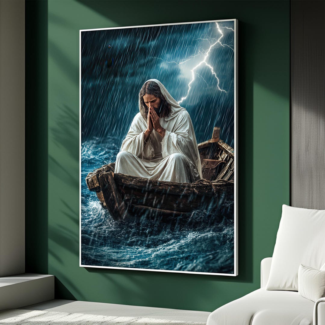 Jesus Praying in Storm Canvas Painting, Dark Ocean Christian Wall Art ...