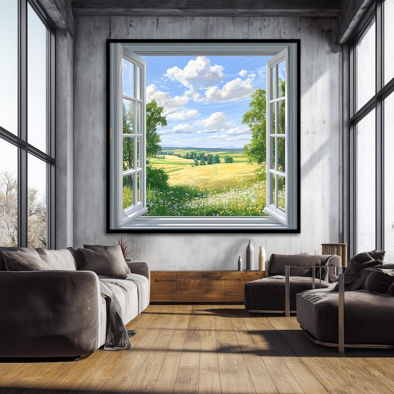Open Window Landscape Canvas Painting, Nature View Wall Art With Meadow ...