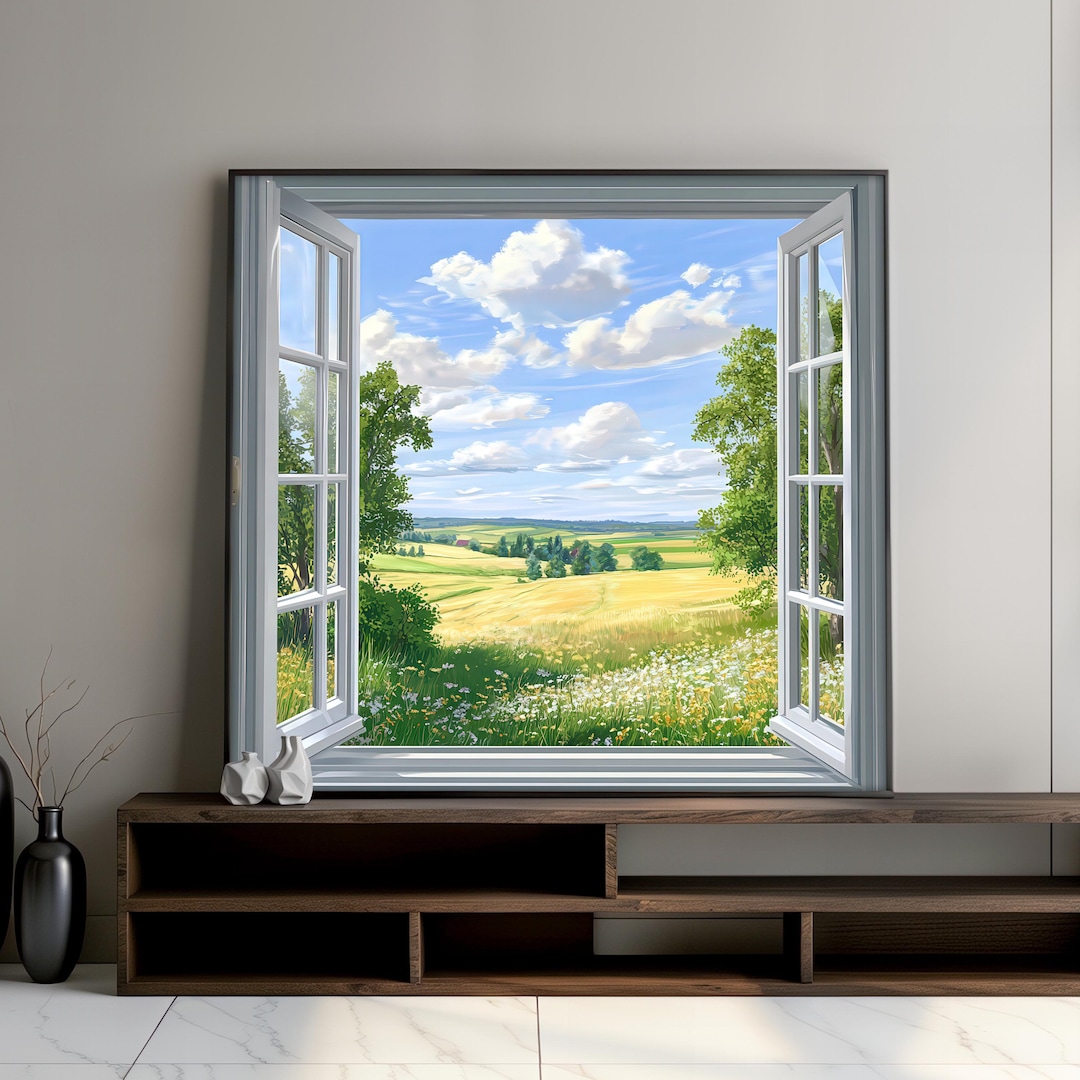 Open Window Landscape Canvas Painting, Nature View Wall Art With Meadow ...