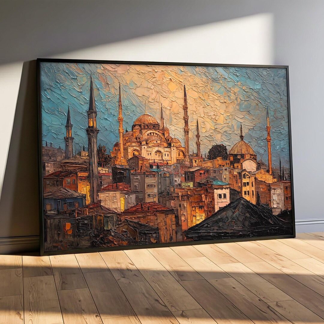 Istanbul Mosque Canvas Painting With Sunset Colors, Middle Eastern Wall ...
