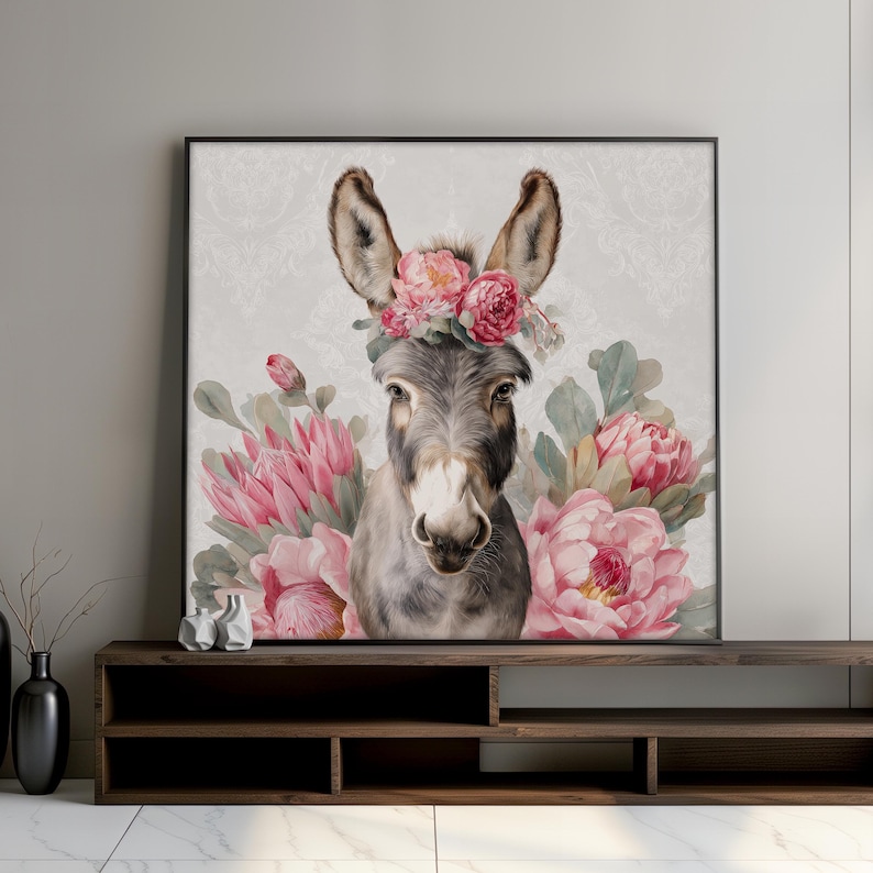 Floral Donkey Canvas Painting, Cute Animal Wall Art With Pink Peonies ...