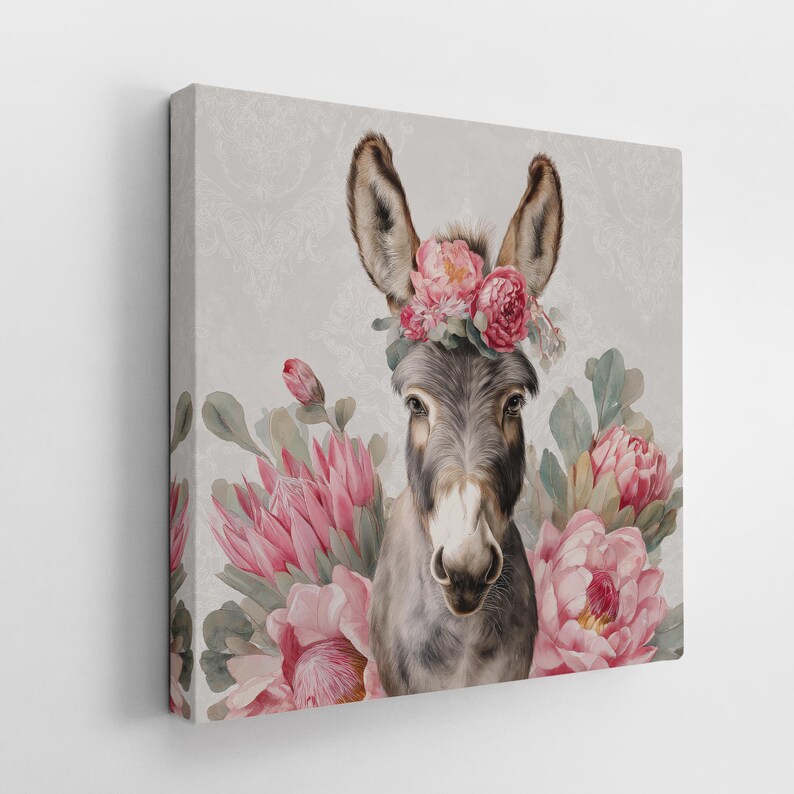 Floral Donkey Canvas Painting, Cute Animal Wall Art With Pink Peonies ...