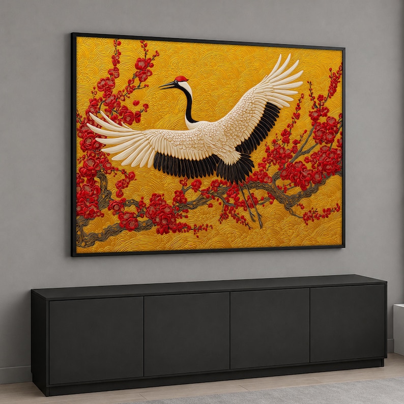 Japanese Crane Canvas Wall Print, Gold Red Floral Painting, Asian Bird ...