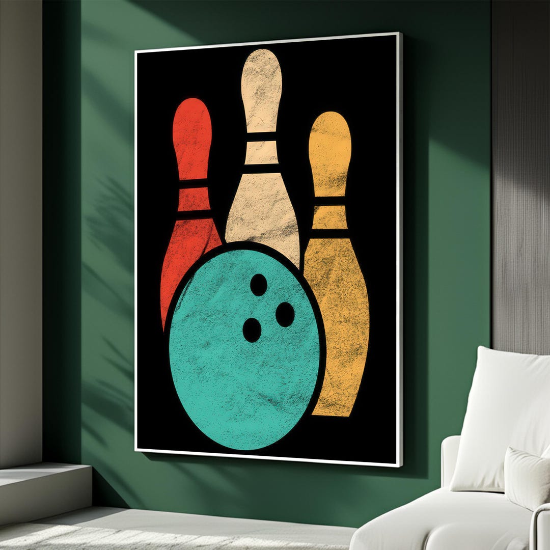 Retro Bowling Canvas Painting, Colorful Bowling Pins and Ball Wall Art ...