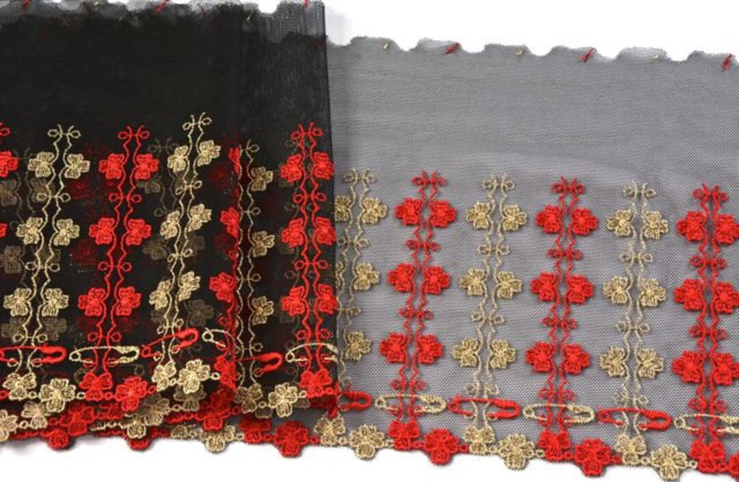 Black and Red Trim Gold Metalic and Red Lace Trim Textile - Etsy