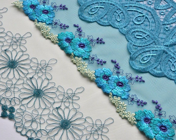 Teal, Aqua, Turquoise Blue, Lace Trim Grab Bag, Doll, Scrapbook, Sewing ...