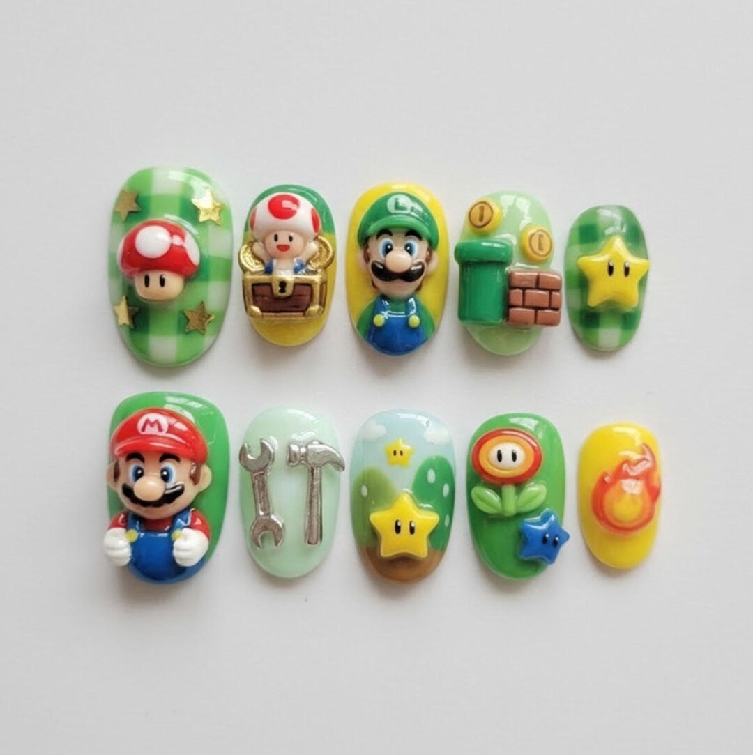 Handmade Super Mario Bros & Luigi Nintendo Oval Press on Nails, 3D Toad ...