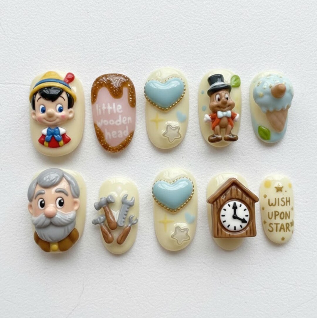Handmade Pinocchio Press on Nails, 3D Geppetto & Jiminy Cricket, Oval ...