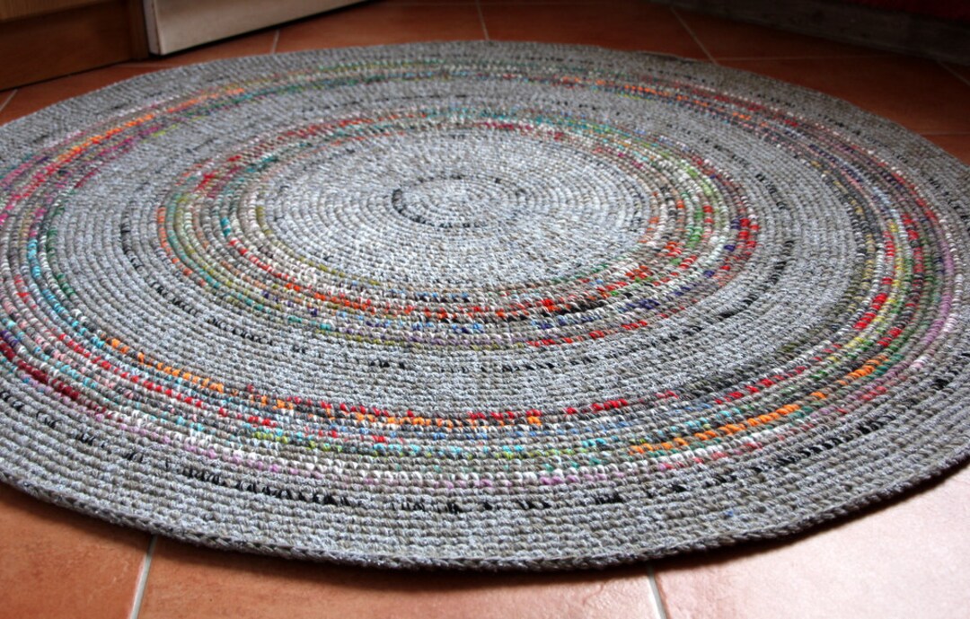 Beautiful Round Hand Crochet Wool Rug, Grey With Colorful Accents - Etsy