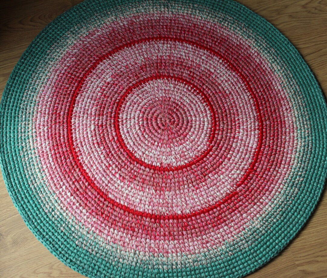Pink and Mint Green Crochet Rug, 36 Inches in Diameter, Beautiful and ...