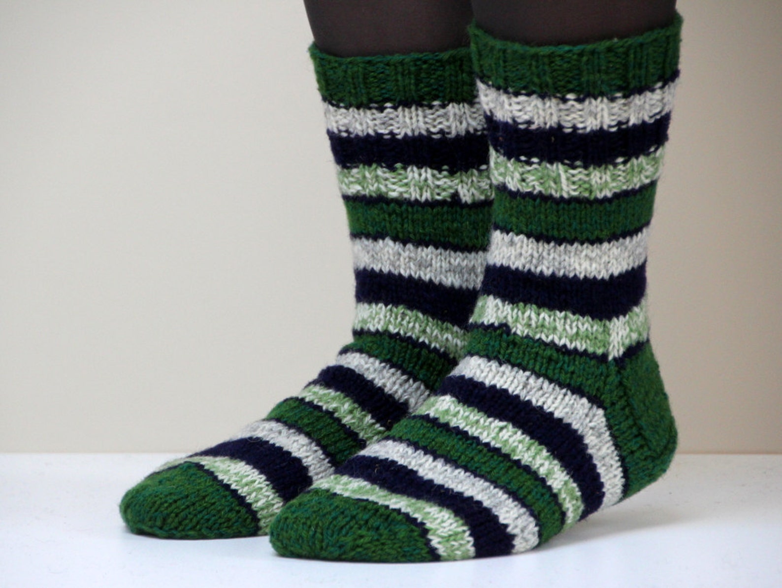 Beautiful Striped Hand Knit Wool Socks Size Medium US W | Etsy