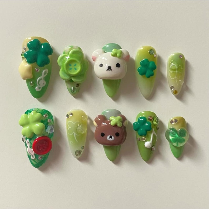Handmade Lucky Clover Bear Press on Nails | 3D Green Bear & Shamrock ...