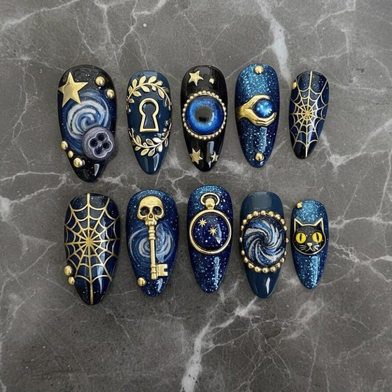Dark Gothic Press on Nails | Midnight Blue Gold Nail Art | Witchy ...