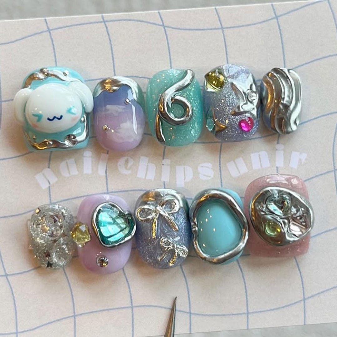 Handmade Cinnamoroll Silver Aura Press on Nails | 3D Chrome Swirl & Gem ...