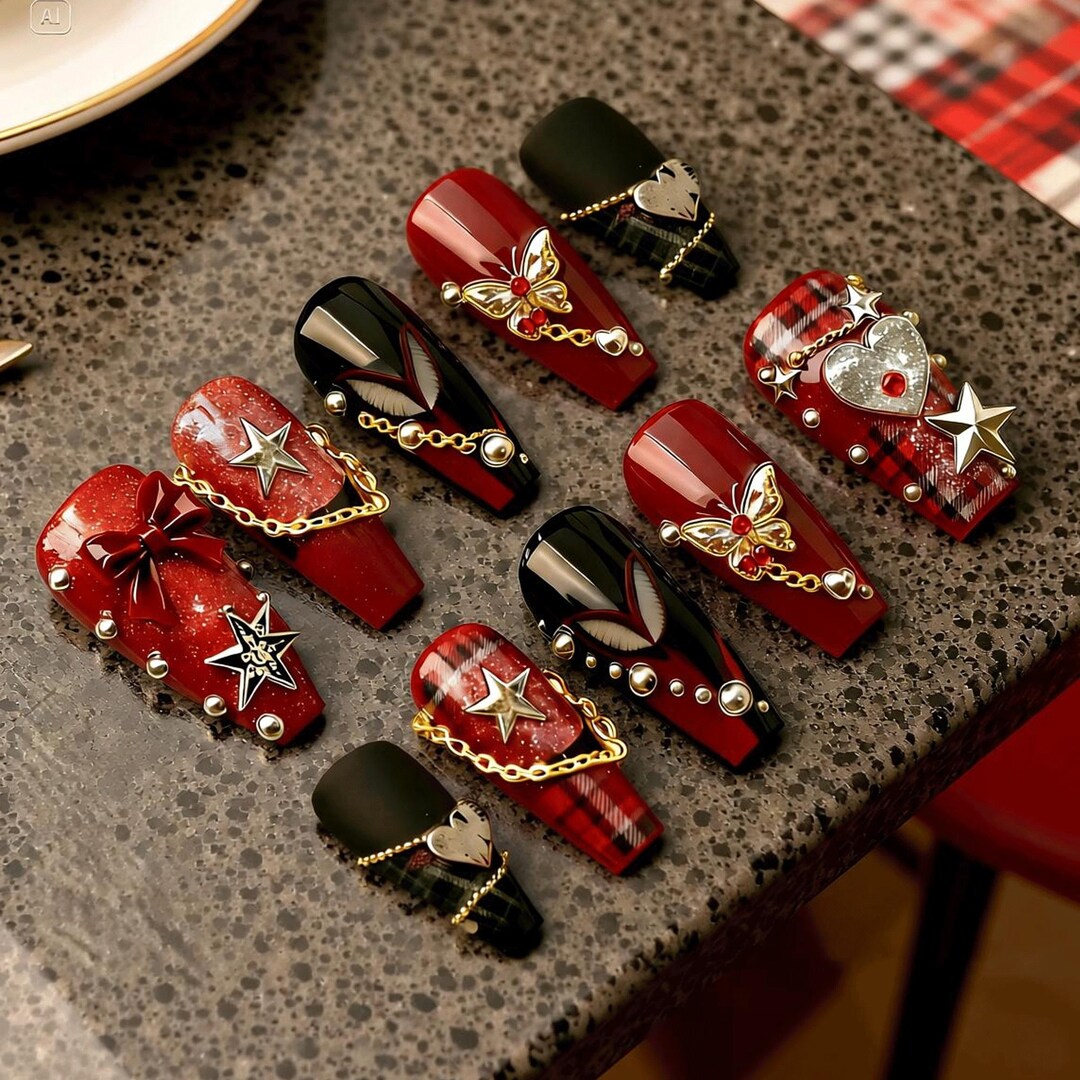 Red Black Press on Nails | Burgundy Gold Chain Nail Art | Luxury Gothic ...