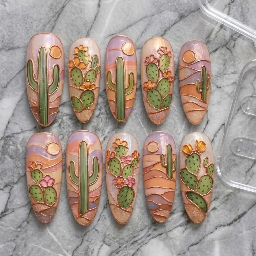 Desert Cactus Press on Nails | Southwest Boho Nail Art | Sunset Desert ...
