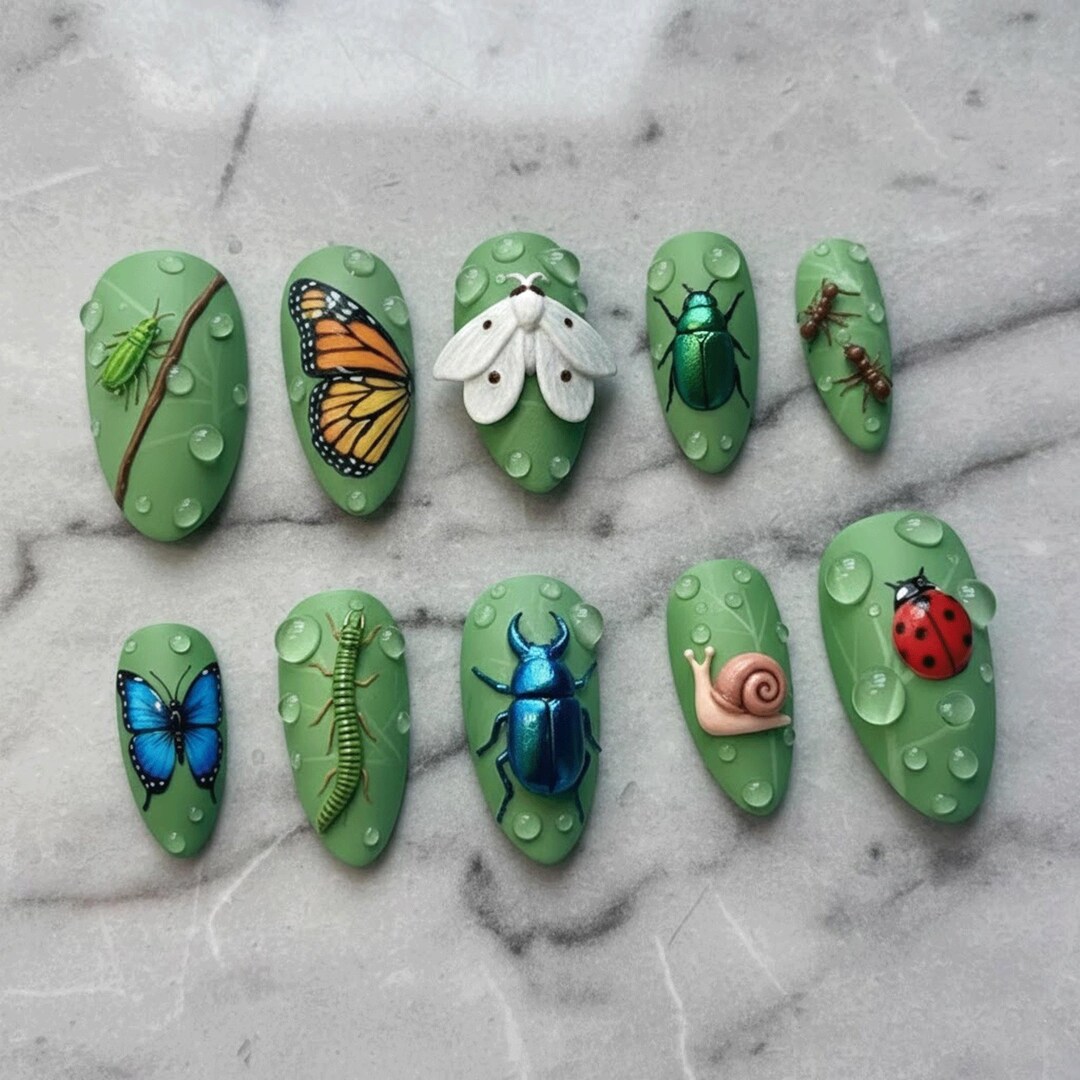 Nature Insect Press on Nails | Green Bug Butterfly Nails | 3D Beetle ...