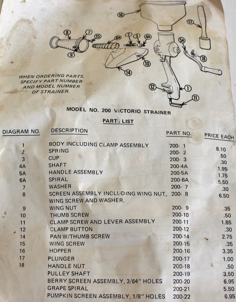 Replacement Parts: Victorio Strainer 200 Spring Cup Shaft | Etsy