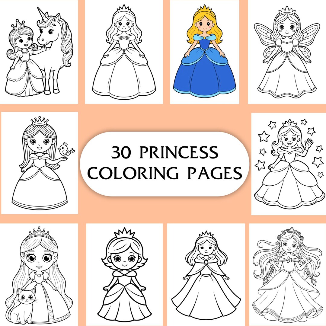 30 Princess Coloring Pages, Kawaii Style Activity (digital Download) - Etsy