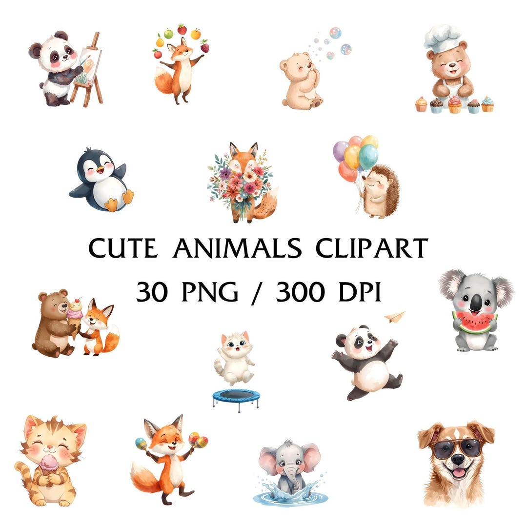 Kawaii Animals Clipart, Watercolor PNG, Kids Printable Art (digital ...