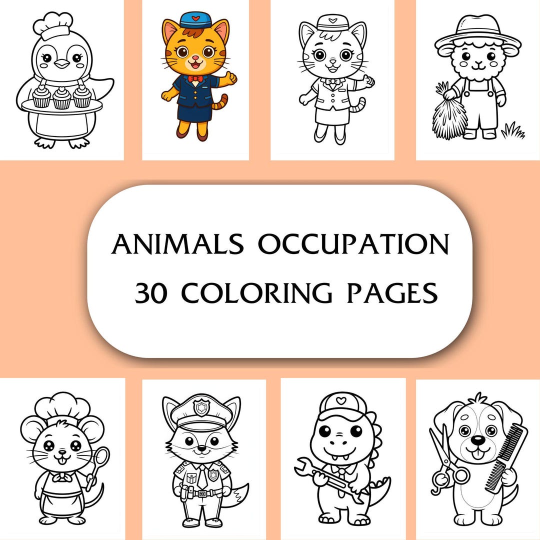30 Cute Animals in Career Coloring Pages, Simple Line Art for Kids ...