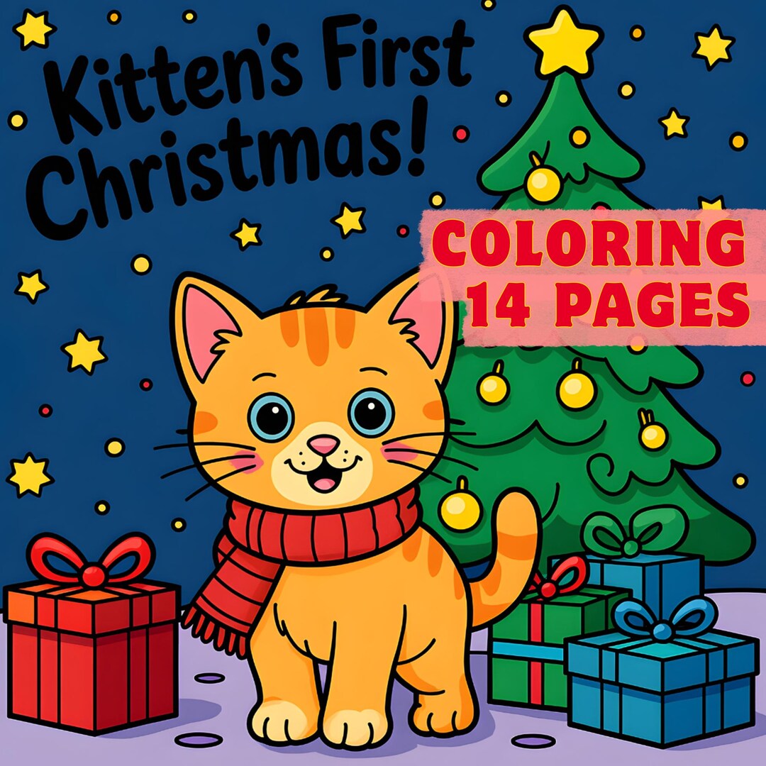 Cat Christmas Coloring Pages: 14 Kitten Holiday Designs (PDF) - Etsy