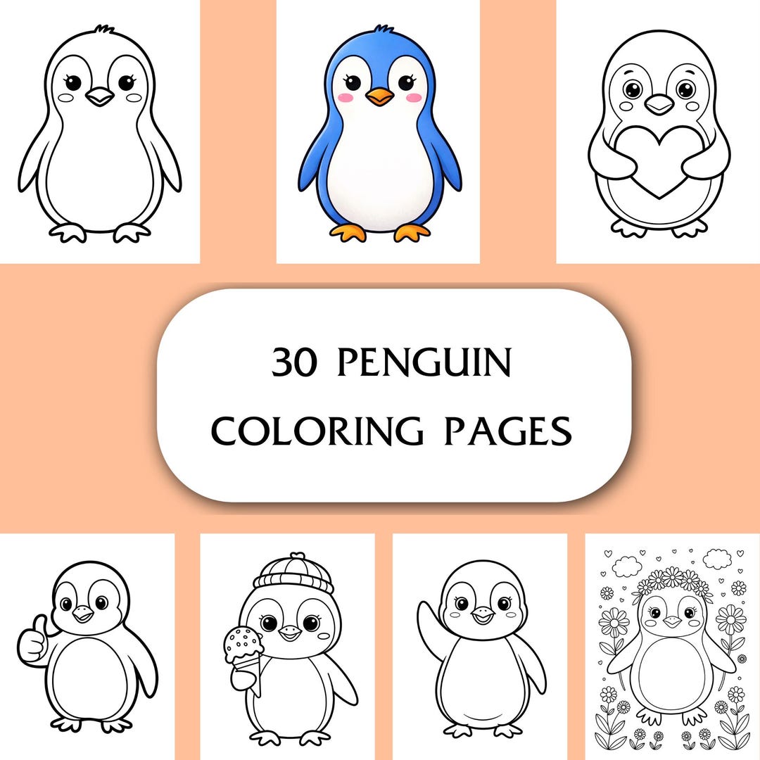 30 Kawaii Penguin Coloring Pages, Kids' Animal Line Art (PDF Download ...