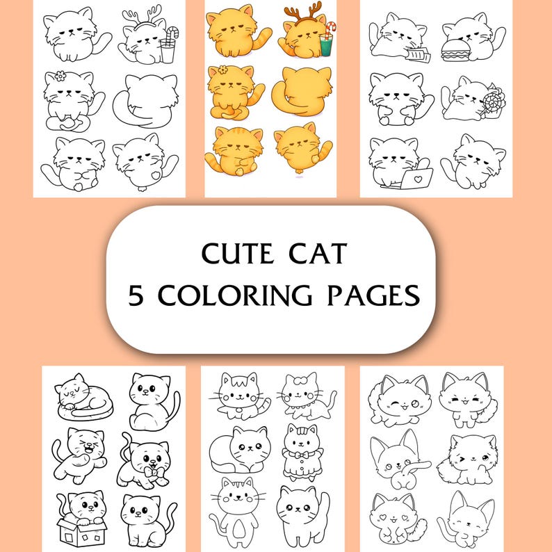 Kawaii Cat Coloring Pages, 5 Kitten Designs (printable PDF) - Etsy