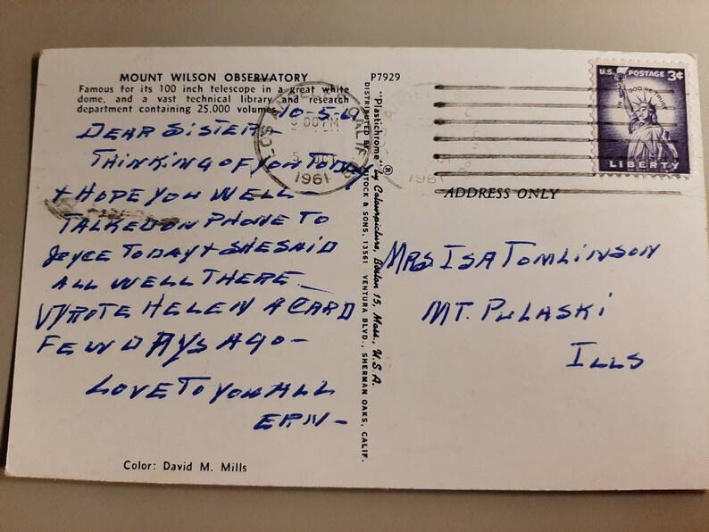 Mount Wilson Observatory - 1961 Vintage Postcard - Etsy