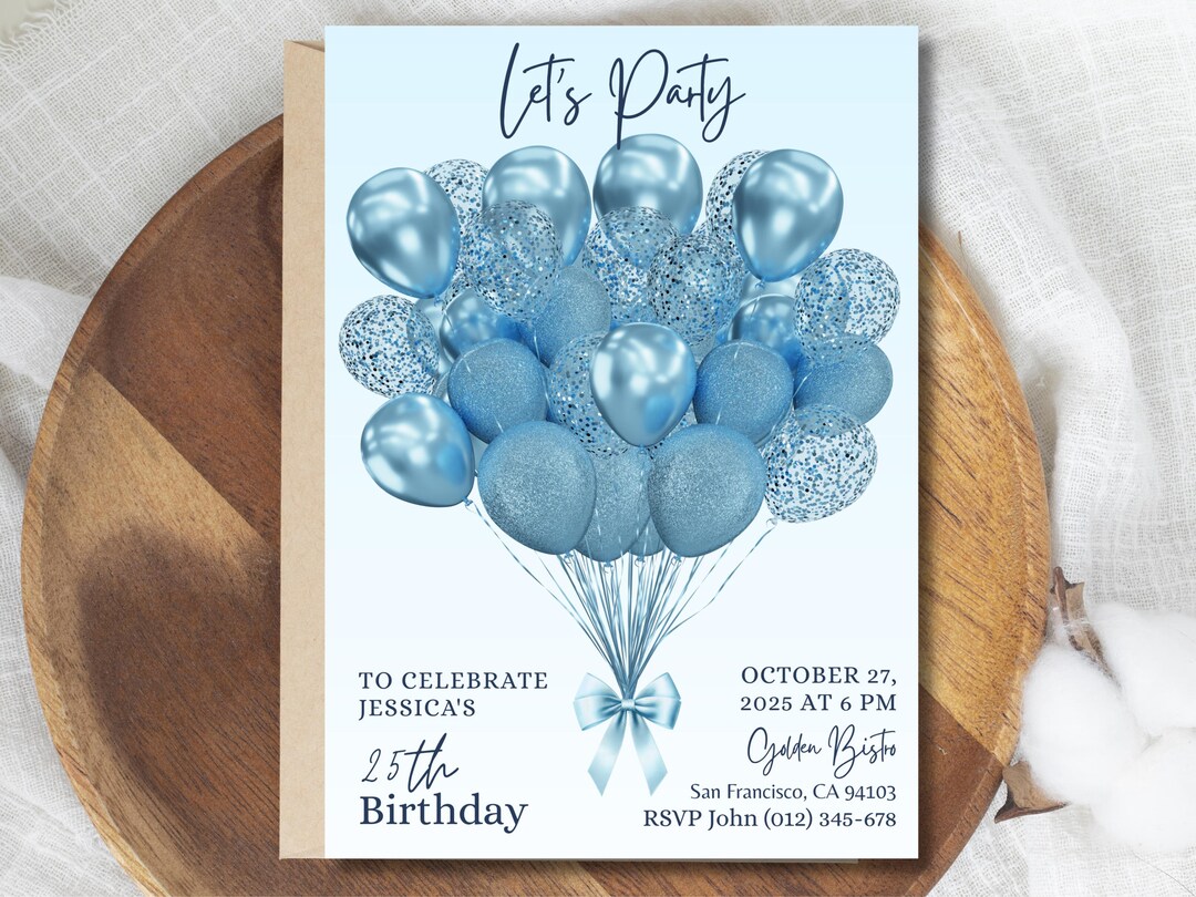 Blue Balloon Celebration Invitation | Custom Text Invite Template ...