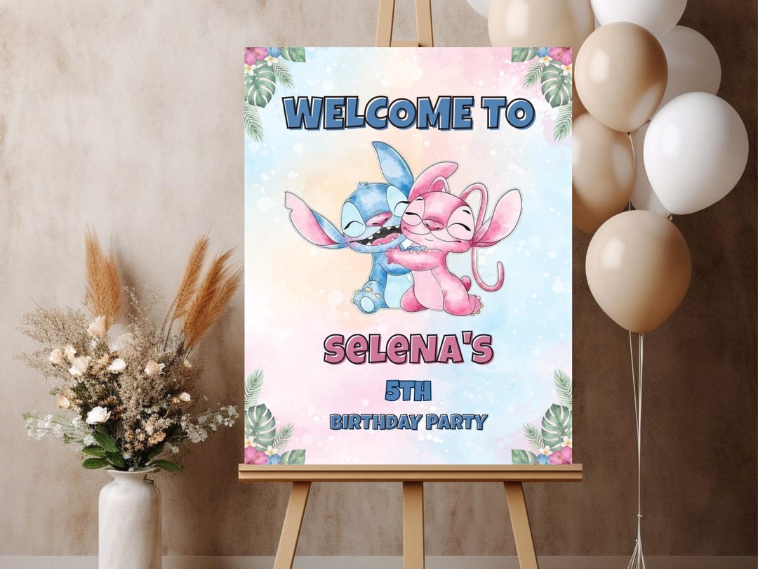 Stitch and Angel Welcome Sign, Tropical Birthday Party Poster, Editable ...