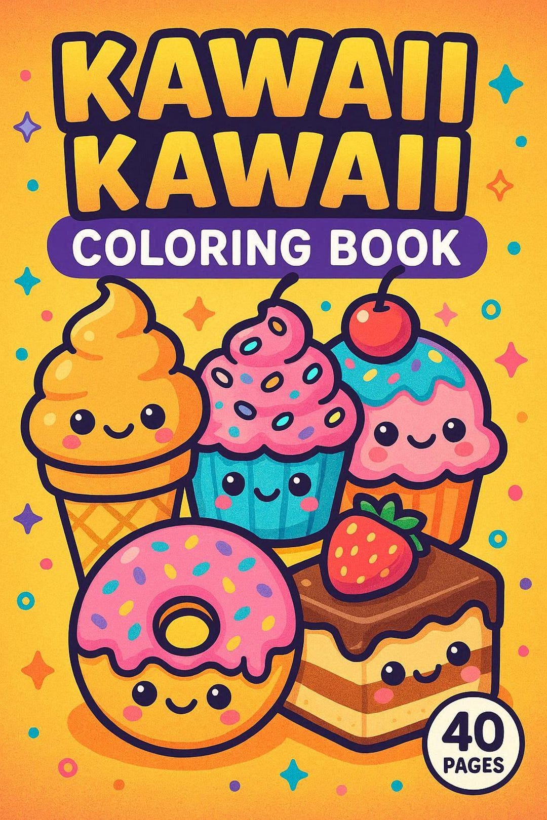 Kawaii Coloring Book, Cute Dessert Characters, Digital Product, Easy ...