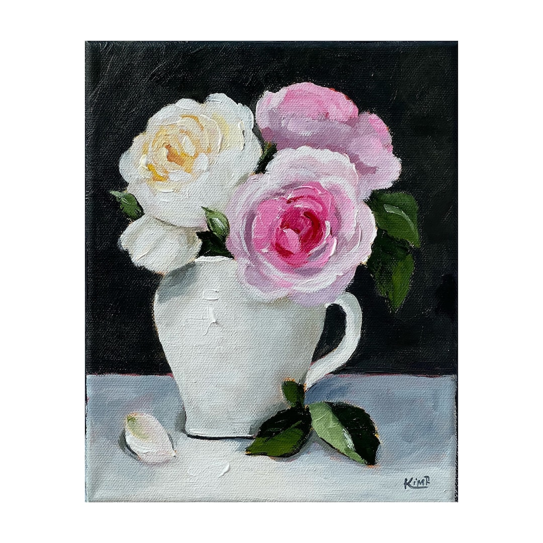 Original Painting: Still Life With Roses, Pink and White Roses in ...