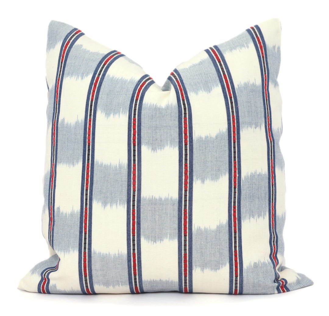 Schumacher Chambray Blue and Red Faye Ikat Decorative Pillow Cover, Made to Order, Blue and Red ...