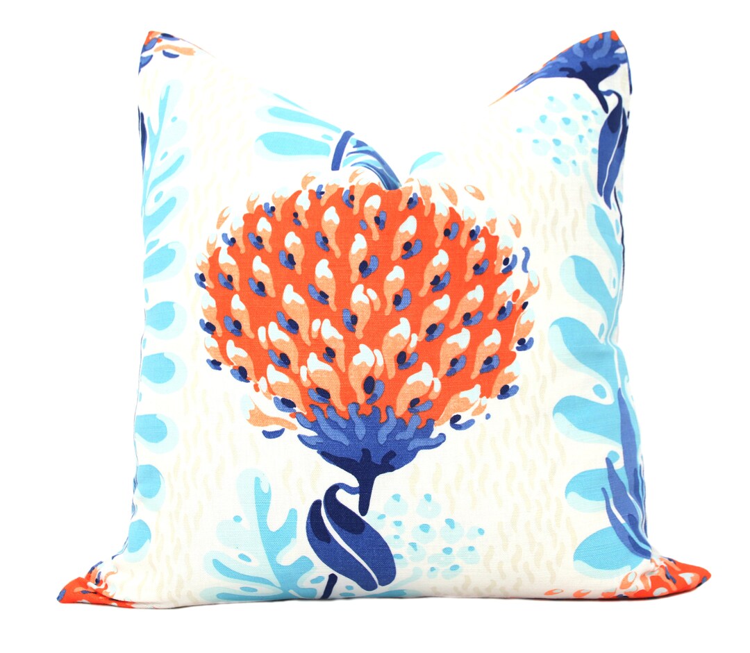 Coral Orange Floral Pillow Cover: Thibaut Tiverton Tropical Linen ...