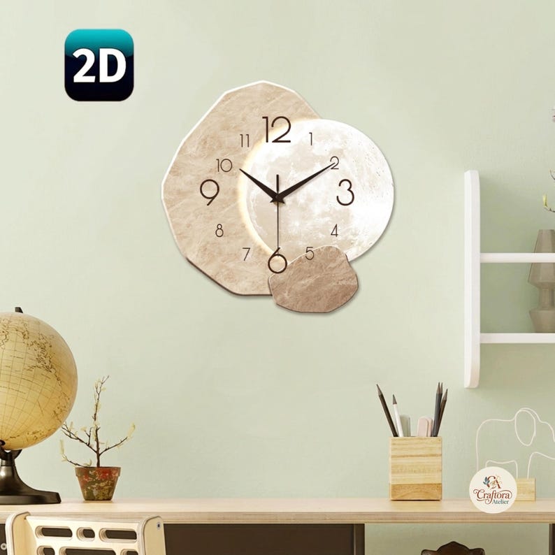 Modern Moon Wall Clock, Silent Quartz Movement, Natural Wood Finish ...