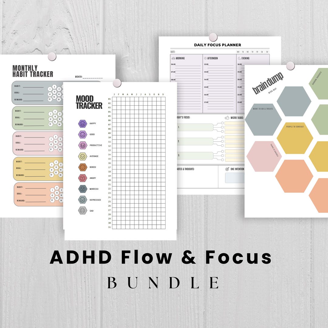 ADHD Daily Focus Planner Bundle | Mind Map, Habit and Mood Tracker ...