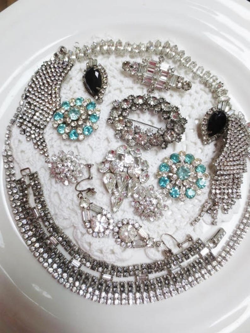 Vintage Rhinestone Jewelry Lot Brooches Earrings Bracelets Choker Mix ...