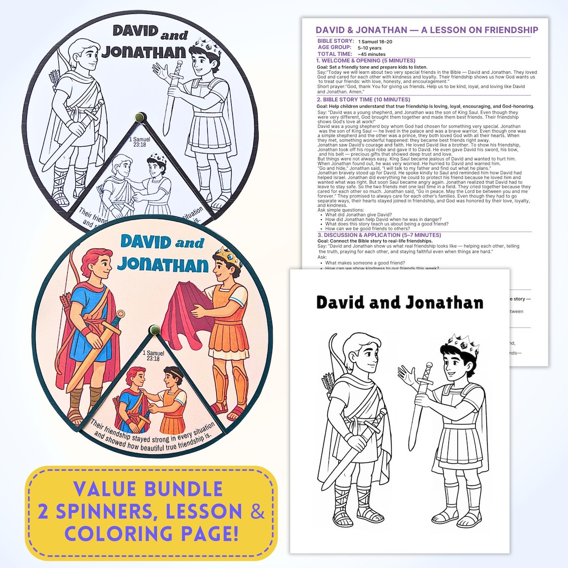 David and Jonathan Bible Craft, Spinner Wheel Coloring Activity ...