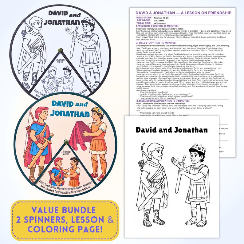 David and Jonathan Bible Craft, Spinner Wheel Coloring Activity ...