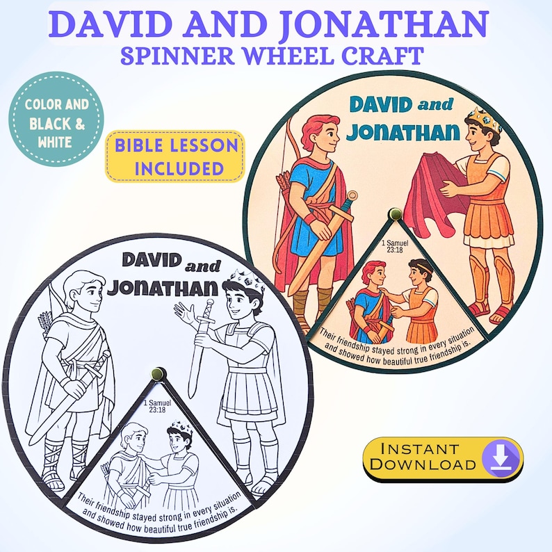 David and Jonathan Bible Craft, Spinner Wheel Coloring Activity ...