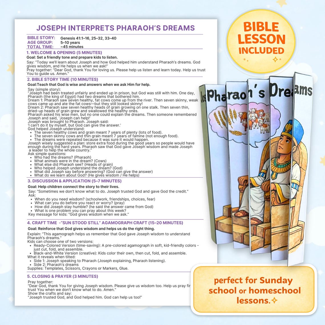 Joseph Interprets Pharaoh’s Dreams Craft | Genesis 41 Bible Agamograph ...