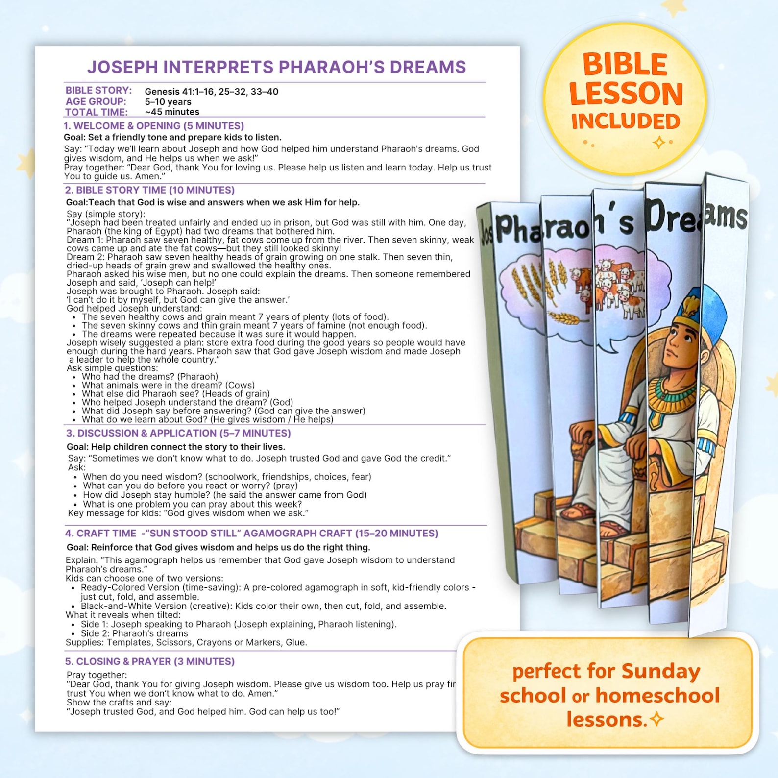 Joseph Interprets Pharaoh’s Dreams Craft | Genesis 41 Bible Agamograph ...