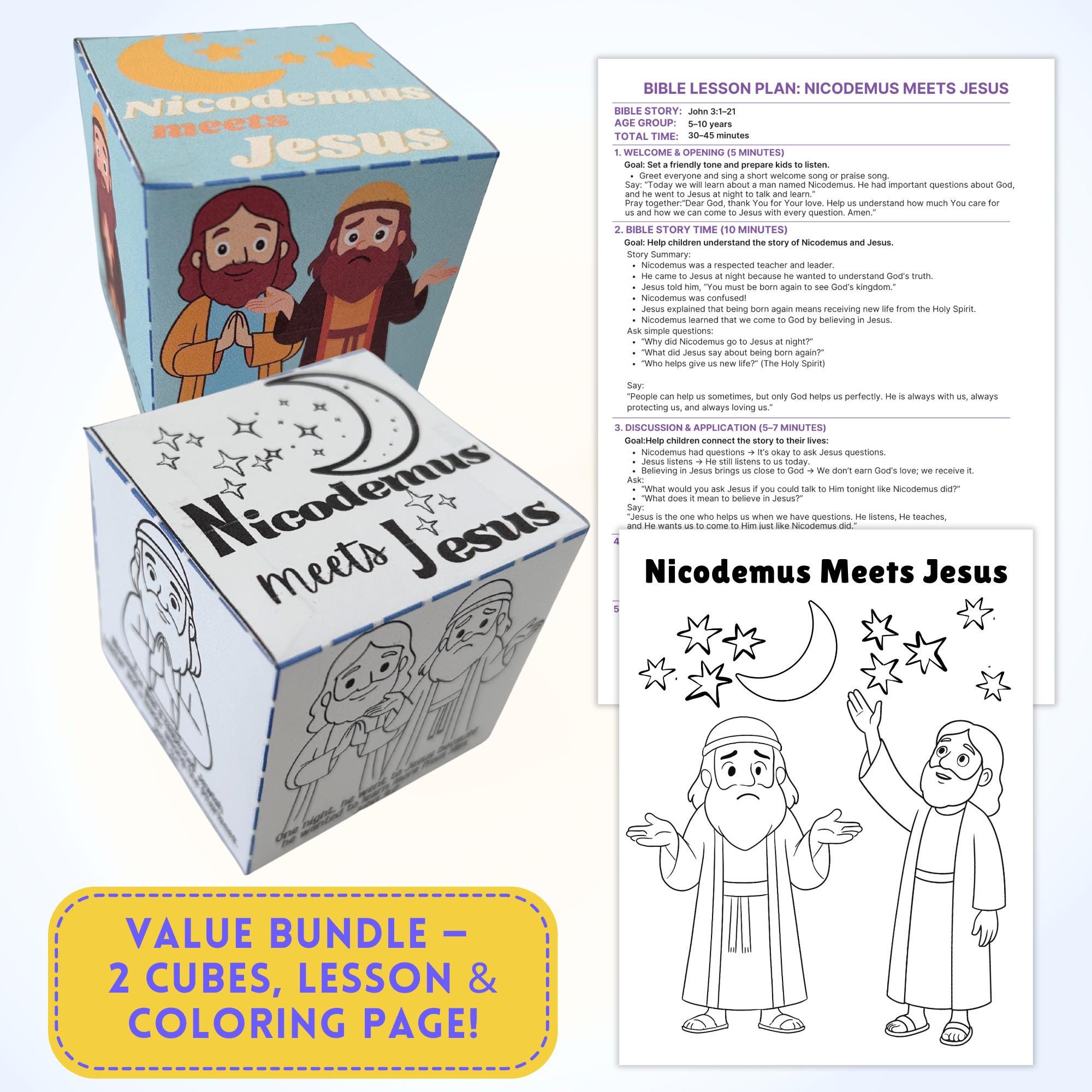 Nicodemus Meets Jesus Cube Craft (PDF) | Printable Bible Coloring ...
