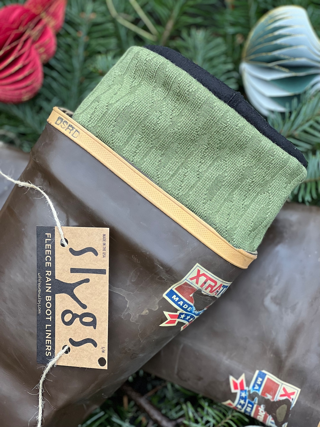 SLUGS Fleece Rain Boot Liners Solid Olive Green Sweater Knit Cuff, Tall ...